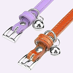 PUPTECK 2 PCS Soft Leather Cat Kitten Collar with Bells Adjustable for Girl Boy Cats Puppy - Orange, Purple