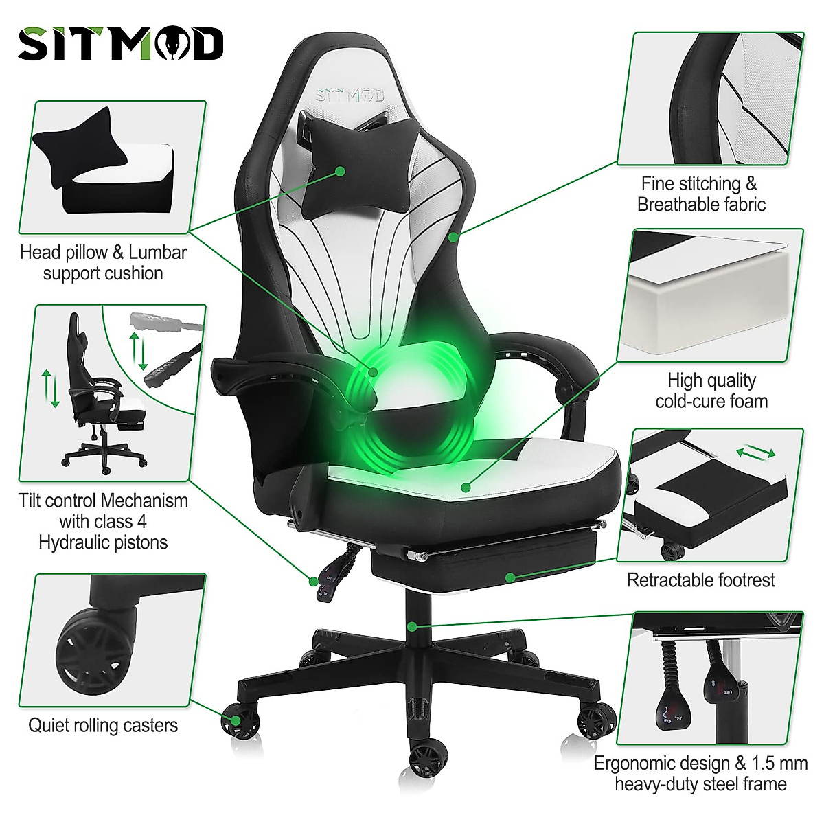 Gaming Chair,Big and Tall Gaming Chair with Footrest,Ergonomic Computer Chair,Fabric Office Chair with Lumbar Support,360 Degree Swivel and Height Adjustment,Video Gaming Chair for Adults-White