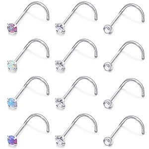 Cisyozi 22G Nose Rings Stud Piercing Jewelry Women Stainless Surgical Steel Nose Stud Silver Screw Twist Spiral Corkscrew Nose Nostril Ring Stud Hook Set Piercing Jewelry Women Men 1.5mm Diamond Opal