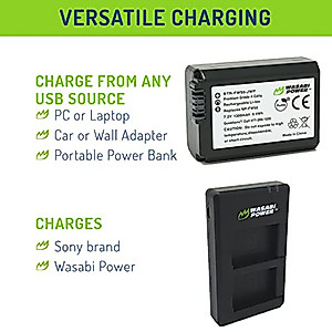 Wasabi Power NP-FW50 Battery (2-Pack) & Micro USB Dual Charger for Sony ZV-E10, Alpha a5100, a6000, a6300, a6400, a6500, Alpha a7, a7 II, a7R, a7R II, a7S, a7S II, DSC-RX10 III, RX10 IV & More