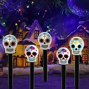 LSM Halloween Sugar Skull Solar Stake Light, Decorative Spooky LED Garden Lights Outdoor Solar Powered Waterproof for Patio Lawn Yard Pathway Christmas Fall Autumn Party Decor Set of 6 with Oggetto