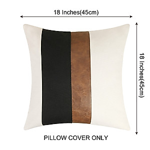 Merrycolor Faux Leather and Linen Throw Pillow Covers Black and White Pillows Decorative Throw Pillows Covers Brown Square Modern Farmhouse Accent Pillow Case 18 x 18 Inch (Black and White)