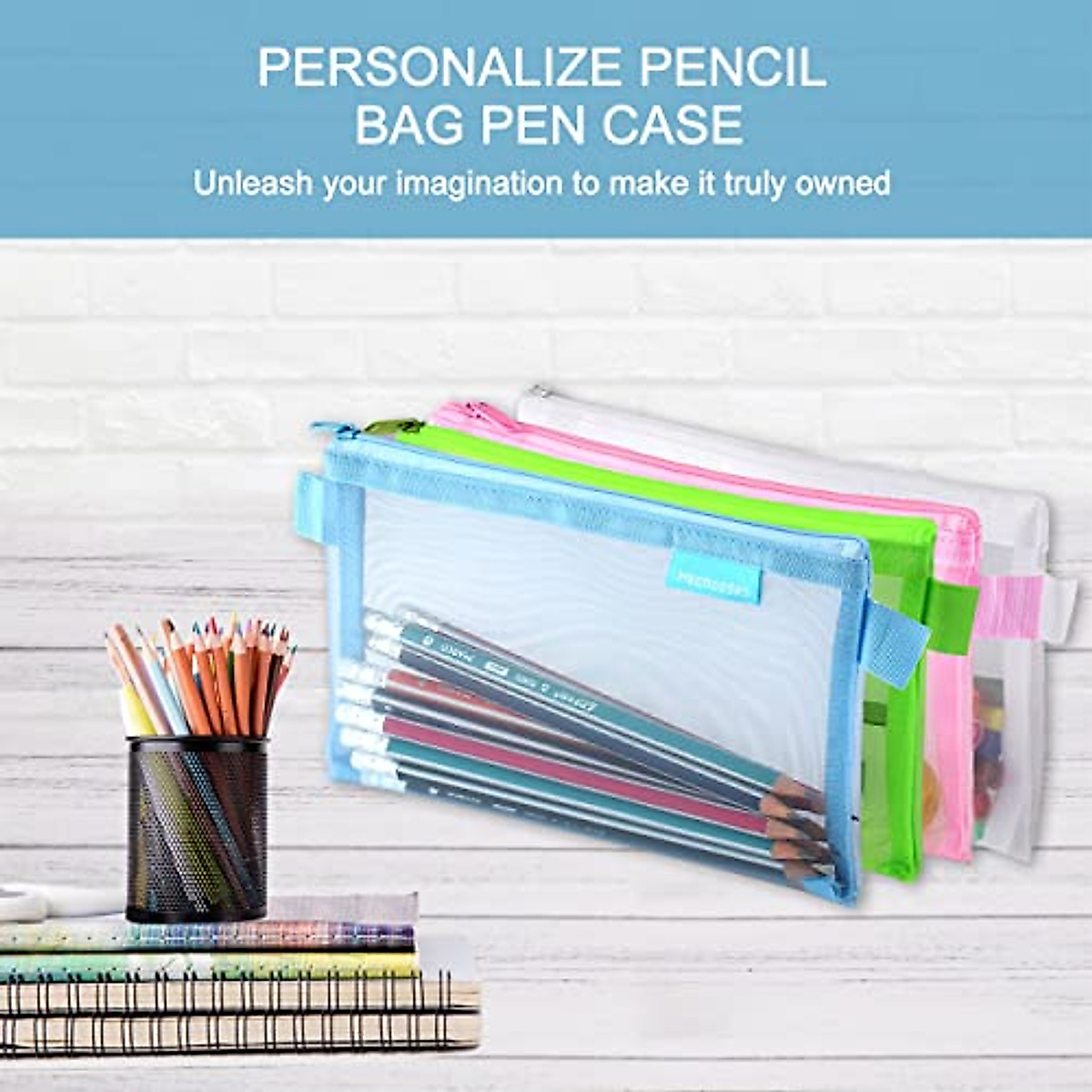 Darolin [Upgraded [4 Pack] Pencil Case, Clear Mesh Zippered Pencil Bag Pouch, Pen Case Organizer Storage, Portable Stationery Pouch for School College Office Supplies, Cosmetics Makeup Bag - B