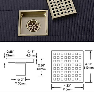 Square Shower Drain 4 inch, Nicmondo Floor Waste Drain Point Center with Removable Grate Cover, 304 Stainless Steel, 11cm x 11cm, PVD Brushed Gold