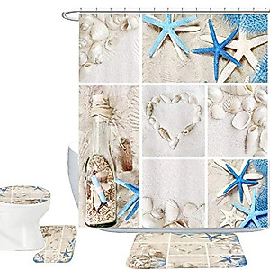 Amagical Blue Starfish Seashell Conch 16 Piece Shower Curtain Bathroom Mat Set Wishing Bottle Love Stone Design Bath Mat Contour Mat Toilet Cover and Shower Curtain with 12 Hooks