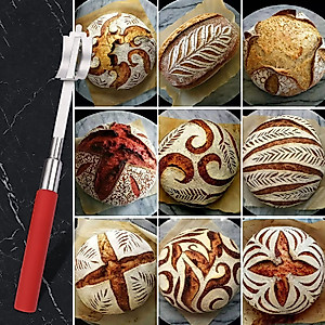 flagood Stainless Steel 18/8 Bread Lame Tool with 10 Replacement Blades Included with Silicone Covered Handle - Dough Scoring knife for Sourdough Bread Slashing with Storage Box