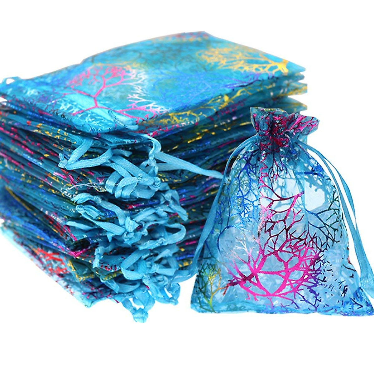 SumDirect 100Pcs 5x7 Inch Blue Coralline Drawstring Organza Bags, Jewelry Favor Pouches for Gift Wedding Party Festival