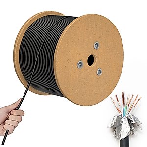 ShineKee Cat7 Bulk Ethernet Cable 660ft, Outdoor CAT 7 Shielded Riser (CMR) Ethernet Bulk Cable Reel 600Mhz Heavy-Duty Waterproof 26AWG S/STP Cat 7 Ethernet Spool, Black (660ft)