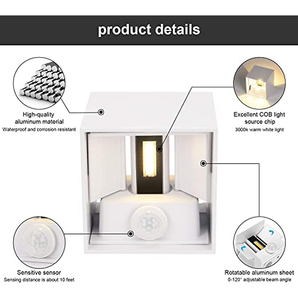 INHDBOX Motion Sensor LED Wall Lighting Sconce, 7W Warm Light Outdoor Waterproof Adjustable Wall Lamp, Motion Detector Garden/Hallway/Pathway Porch Light