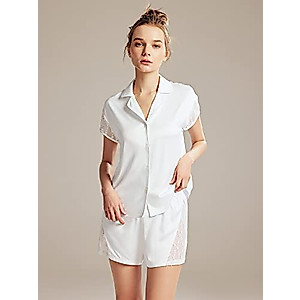 AW BRIDAL White Bride Pajamas Silk Pajama Set for Women Short Button Down Pajamas with Patchwork Lace 2Pieces PJ Set, White L