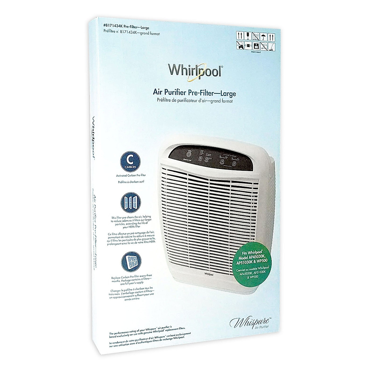 Whirlpool 8171434K (8171434), 4-Pack (Large), Air Purifier Active Carbon Pre-Filters, Fits Air Purifier Model AP51030K, AP45030K, APR45130L, WP500, 18x16.5 inch