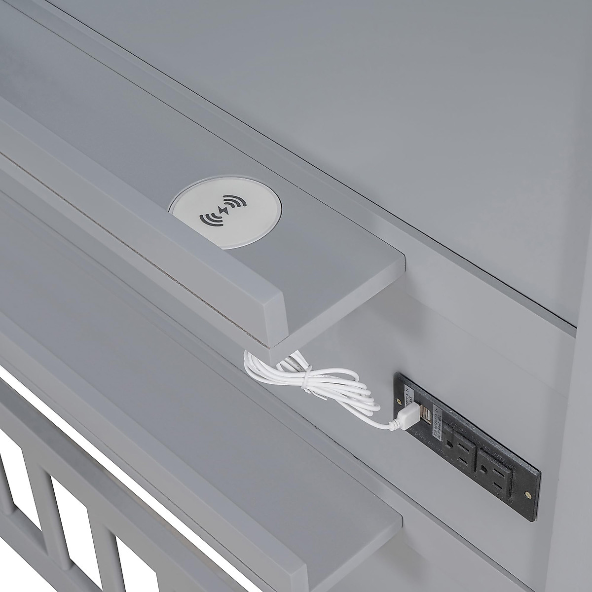 Twin House Bed for Kids, House Platform Bed with Upholstered Sofa, Charging Station, Wireless Charging, Storage Shelves and Two Drawers, Light Strip Included, Gray