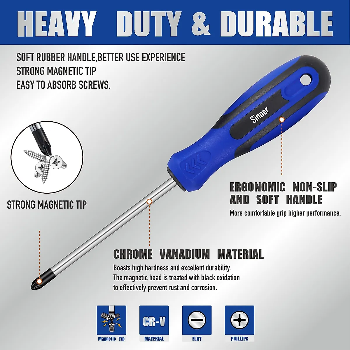Sinoer 12-Pieces Magnetic Screwdrivers Set, 6 Phillips and 6 Flat Head Tips,Chrome Vanadium steel,Screwdriver Set for Home Repair and DIY