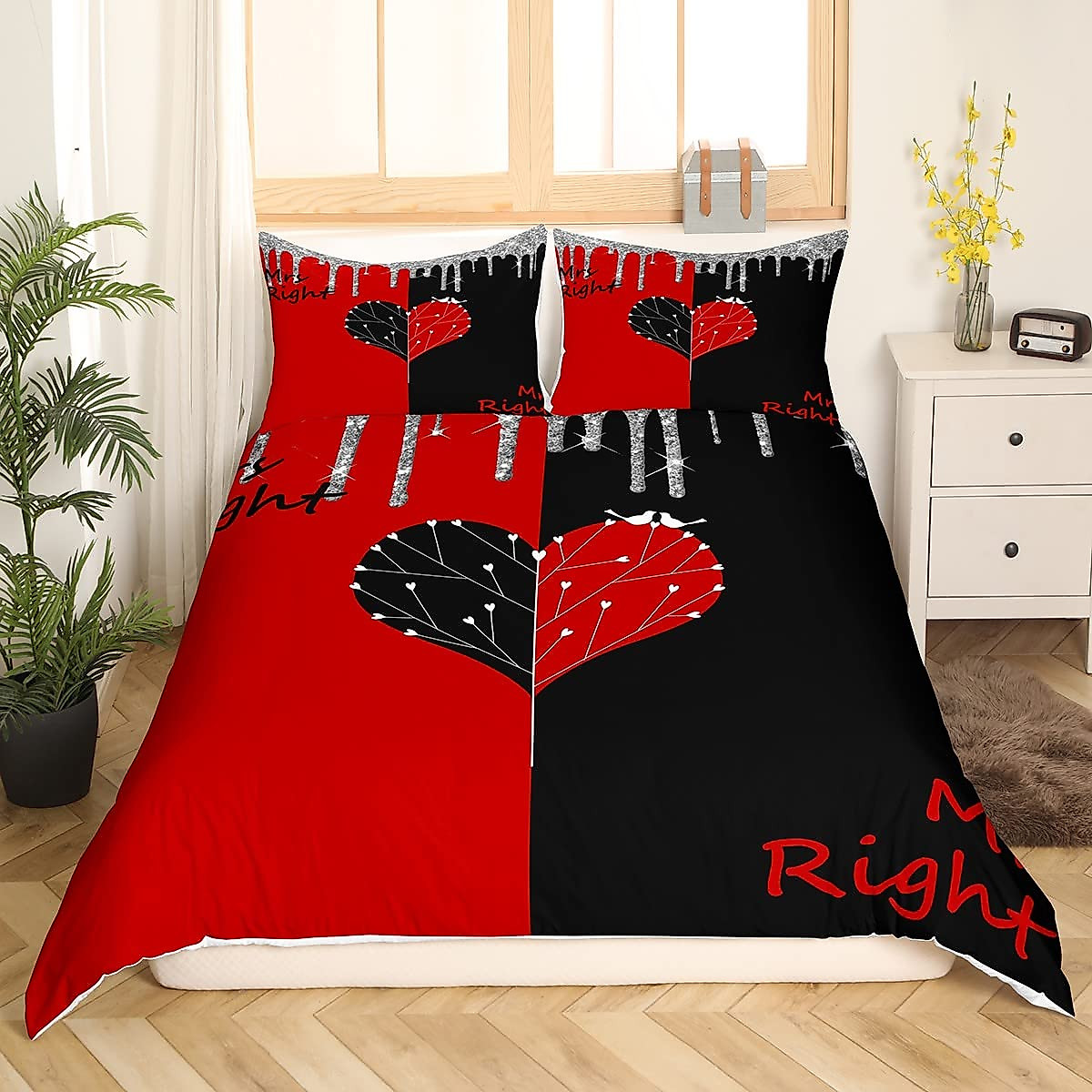 Mr Mrs Duvet Cover Queen Size for Woman Men Lover Couple Valentine Day Home Room Decor,Romantic Wedding Bedding Set 3pcs,Red Black Lovebirds Comforter Cover Modern Glitter Quilt Cover,2 Pillowcases