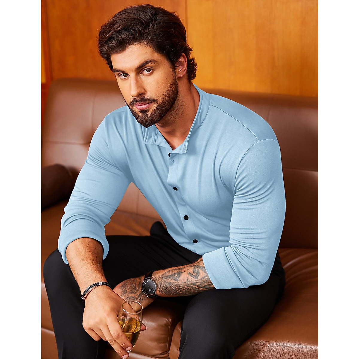 COOFANDY Mens Casual Dress Shirts Long Sleeve Muscle Fit Dress Shirt Wrinkle Free Light Blue