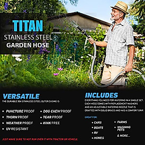 TITAN 150FT Metal Garden Hose - Flexible Water Hose with Solid 3/4" Brass Connectors 360 Degree Brass Jet Sprayer Nozzle - Lightweight Kink Free Strong and Durable Heavy Duty 304 Stainless Steel
