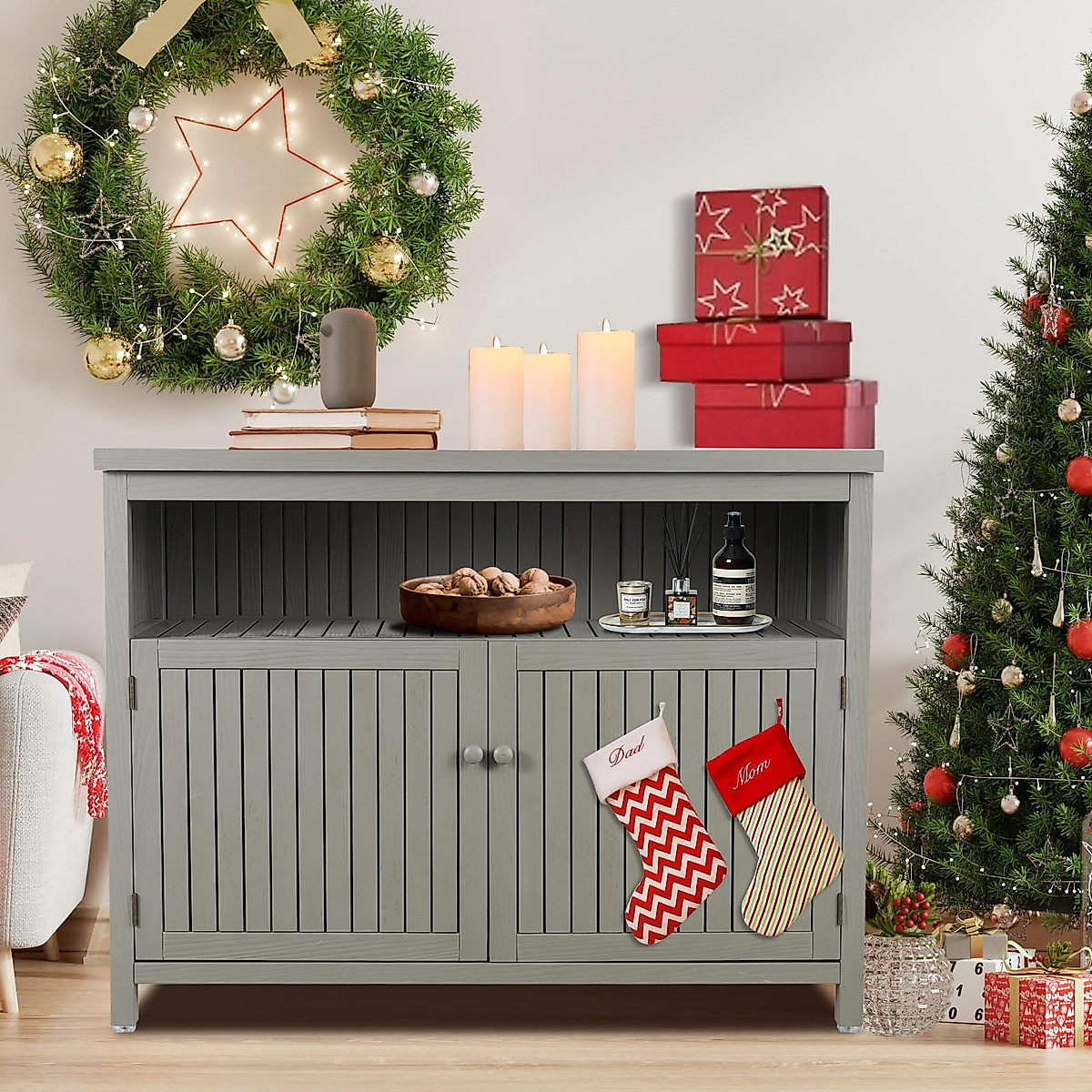 Spurgehom Outdoor Console Sideboards Buffet Cabinet, Solid Wood Storage Cabinet TV Stand,Furniture for Patio Entryway Deck(Grey)