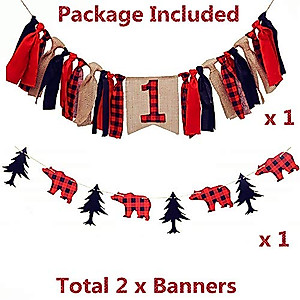 JeVenis Set of 2 Lumberjack Theme Banner Garland Party Supplies Lumberjack Highchair Banner Timber Buffalo Plaid Baby Boy First Birthday Party Photo Backdrop for Kid Birthday Baby Shower Party