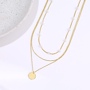 Rotnso Gold Layered Necklace for Women 14K Gold Plated Dainty Necklace Set Disc Coin Pendant Pearl Bead Choker Simple Long Layering Stacked Gold Chain Necklaces Trendy Jewelry Gifts