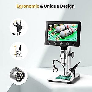 Elikliv EDM07 Industrial Microscope, 7" LCD Digital Microscope with Touch Button, 1200X Soldering Coin Microscope, Ultra-Bright LED Light, Metal Stand, 32GB SD Card Included, Windows/Mac Compatible