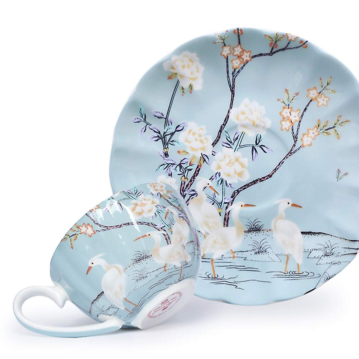 ufengke 8oz Blue Fine Bone China Coffee Cup with Saucer, White Flowers, White Crane Porcelain Tea Cup and Saucer