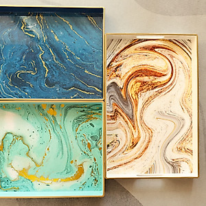 Leemxiiny Blue Marbling Decorative Tray with Handles, Morden Plastic Rectangular Serving Tray for Coffee Table, Bathroom, Ottoman, Home Decor, 15.7"* 10.2"* 1.38"