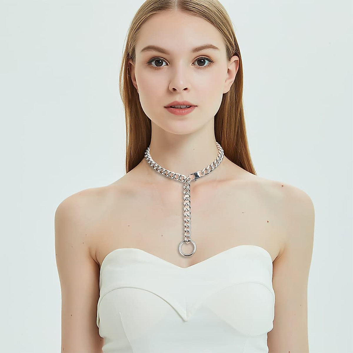 Jxlepe Womens Choker Chain Cuban Link Adjustable with O Ring Belt tail 0.4inch wide Goth Punk Rock Stainless Steel Gift for her Sexy Pendant Xxxt. outstanding Kiwi Necklace (White, 18)