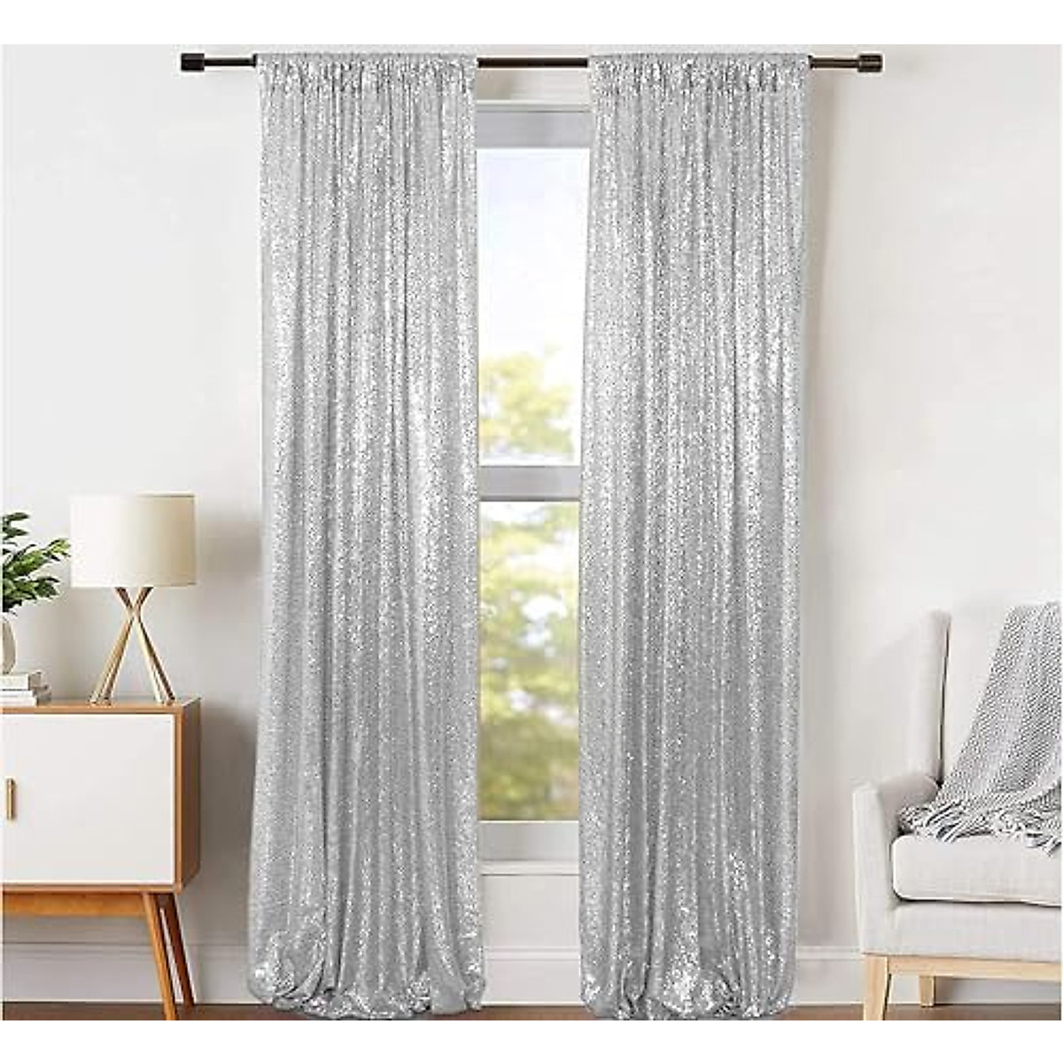 WISPET Silver Sequin Backdrop Curtains 2 Panels 2FTx8FT Glitter Drapes Backdrop Wedding Photo Backdrop Glitter Birthday Bridal Party Curtains Sparkle Background Party Decor Curtains
