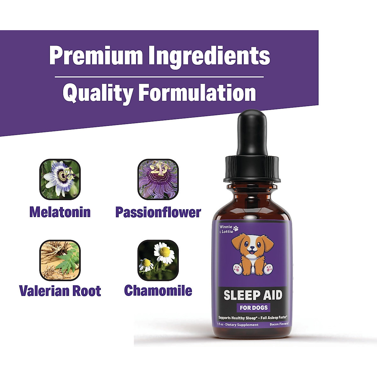 Winnie & Lottie Natural Dog Sleep Aid | Sleep Aid for Dogs | Dog Melatonin | Promotes Deep, Restful Sleep in Dogs | Melatonin for Dogs | Dog Anxiety Relief | Calming for Dogs | Dog Calming | 1 fl oz