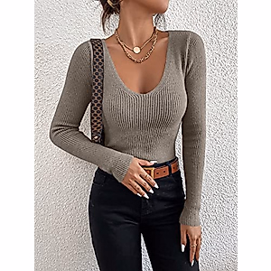SheIn Women's V Neck Ribbed Knit Pullover Jumper Sweater Long Sleeve Slim Fit Tops Mocha Brown M