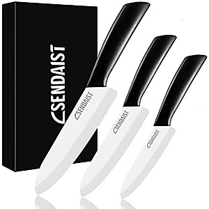 SENDAIST Set of 3 Sharp Ceramic Kitchen Knives With Anti-slip handle & sheath – 6” Chef Knife, 5” Utility Knife and 3'' Fruit Knife