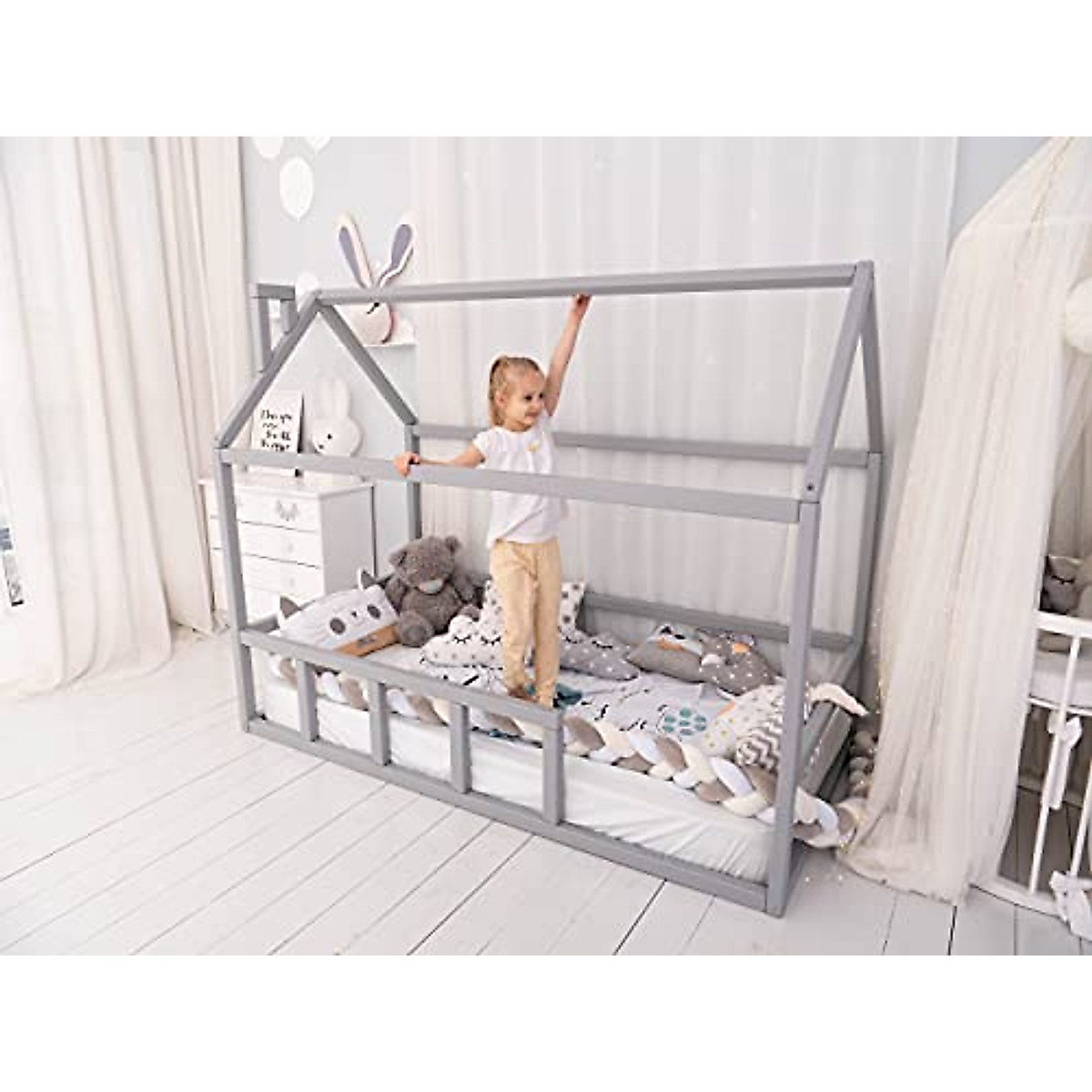 BUSYWOOD Montessori Twin House Bed - Toddler Floor Bed Frame - Kids Furniture - Indoor Playroom - Floor Bed House - Montessori Bed for Toddlers (Model 2, Grey, Floor Bed)