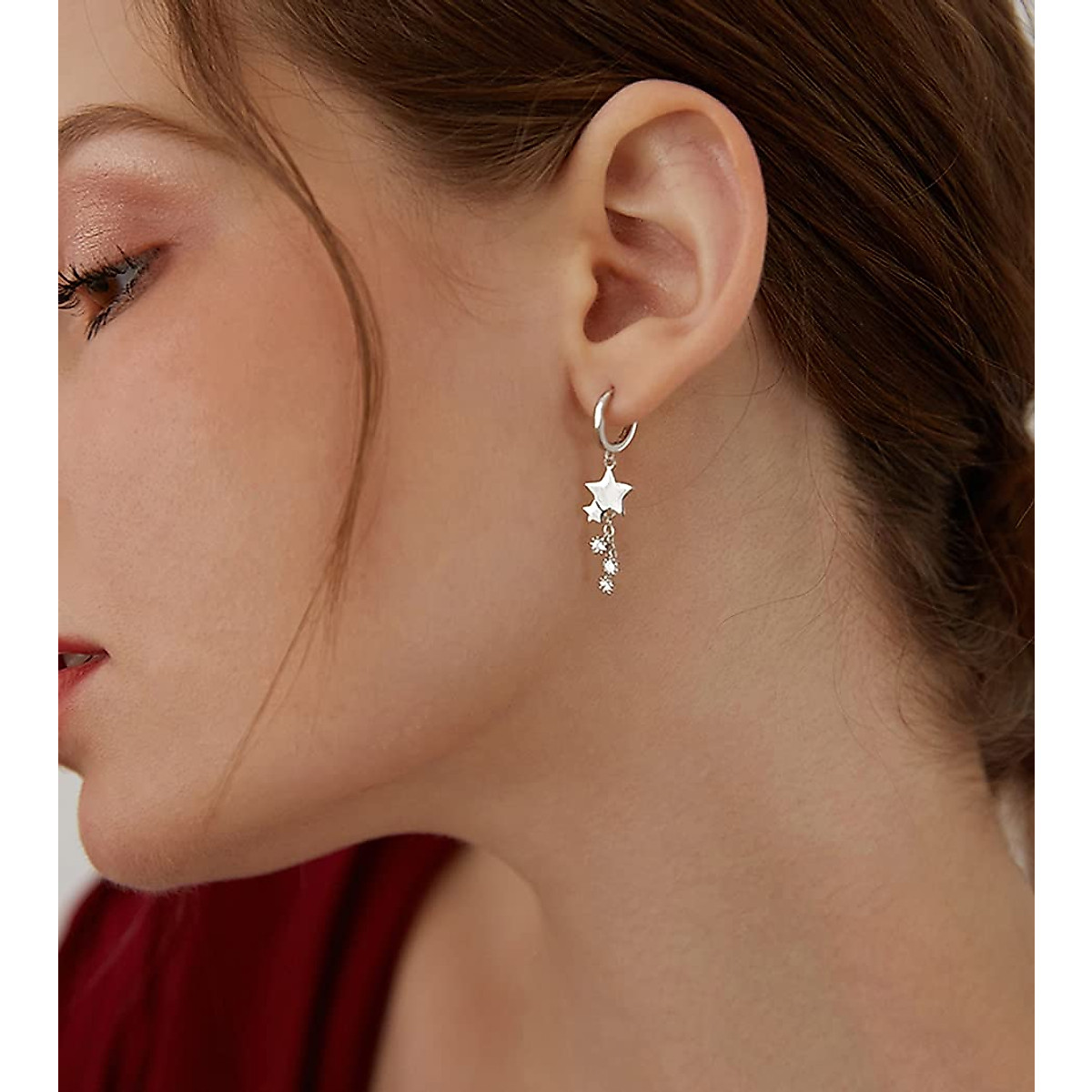 SLUYNZ 925 Sterling Silver Star Dangle Hoop Earrings for Women Star Hoop Earrings Droplet Dangle (A-Silver)