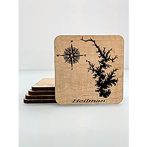 Custom Lake Map Square Wood Coasters - ANY LAKE! sets of 4, 6, 8- lake house décor Laser Engraved