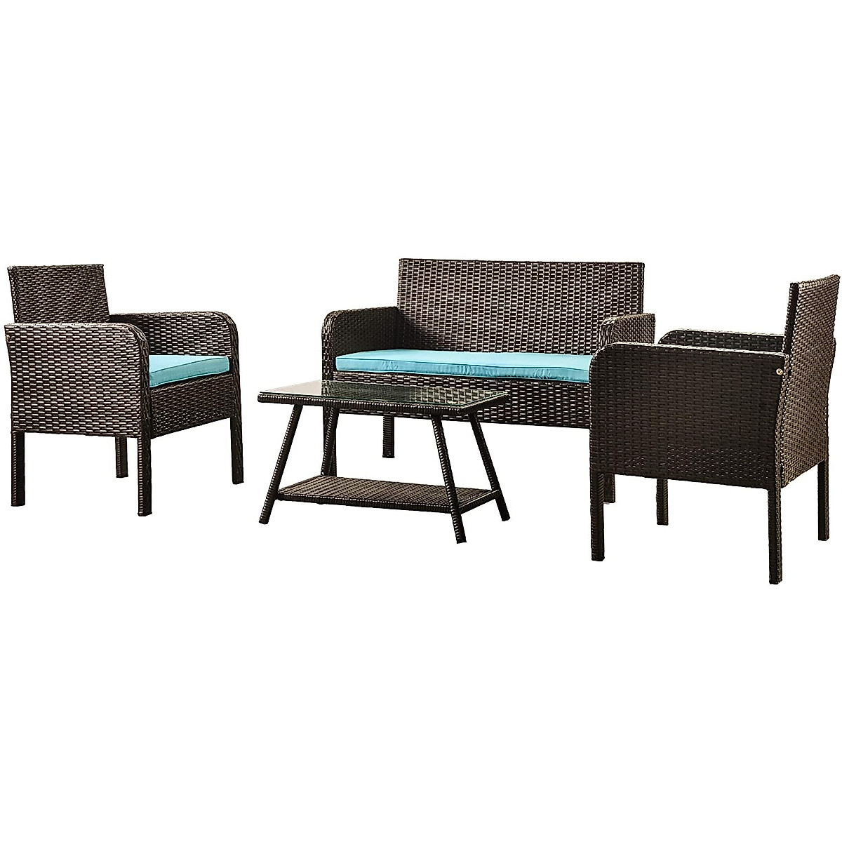 STP-Y 4 Pieces Outdoor Patio Furniture Set All-Weather Wicker Sofa Set Rattan Chair with Tempered Glass Table, Cushioned Seats Conversation Sets, Blue (Color : Blue)