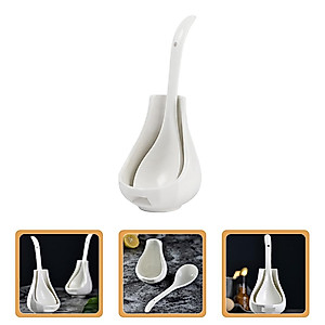 Luxshiny Hot Pot White Ceramic Soup Ladle with Rest Set Porcelain Big Ladle Spoon Asian Soup Tureen Spoon Flatware for Stews Gravy Sauce Soup Spoon Stand