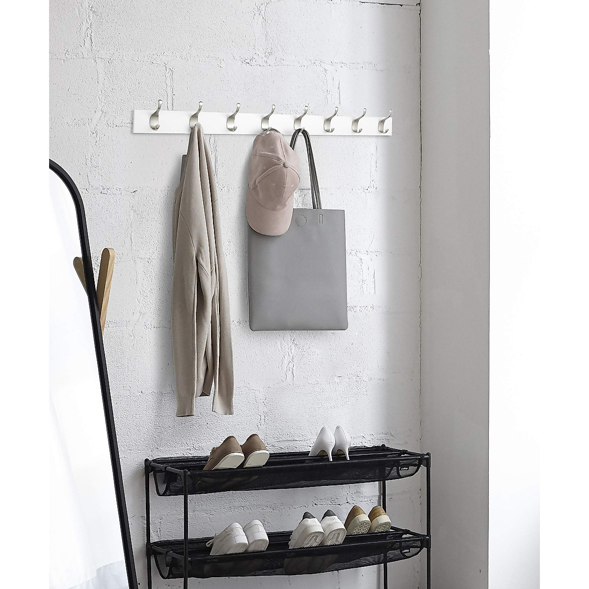Amazon Basics Wall Mounted Modern Coat Rack, 8 Hooks, White