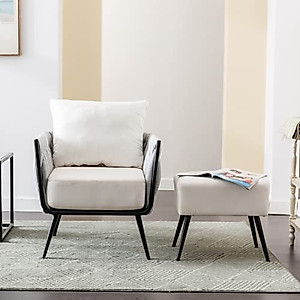 LukeAlon Velvet Accent Chair with Ottoman Set, Linen Weaved Back Living Room Chair with Metal Legs Upholstered Reading Chair with Armrest for Study Room Reception Room, Grey & Beige