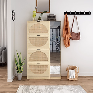 Shoe Cabinet for Entryway,Rattan Shoe Cabinet with Mirror and 4 Flip Down Drawers,Narrow Shoe Cabinet with Natural Rattan Doors and 4 Storage Shelves,Freestanding Shoe Organizer for 24 Pairs of Shoes