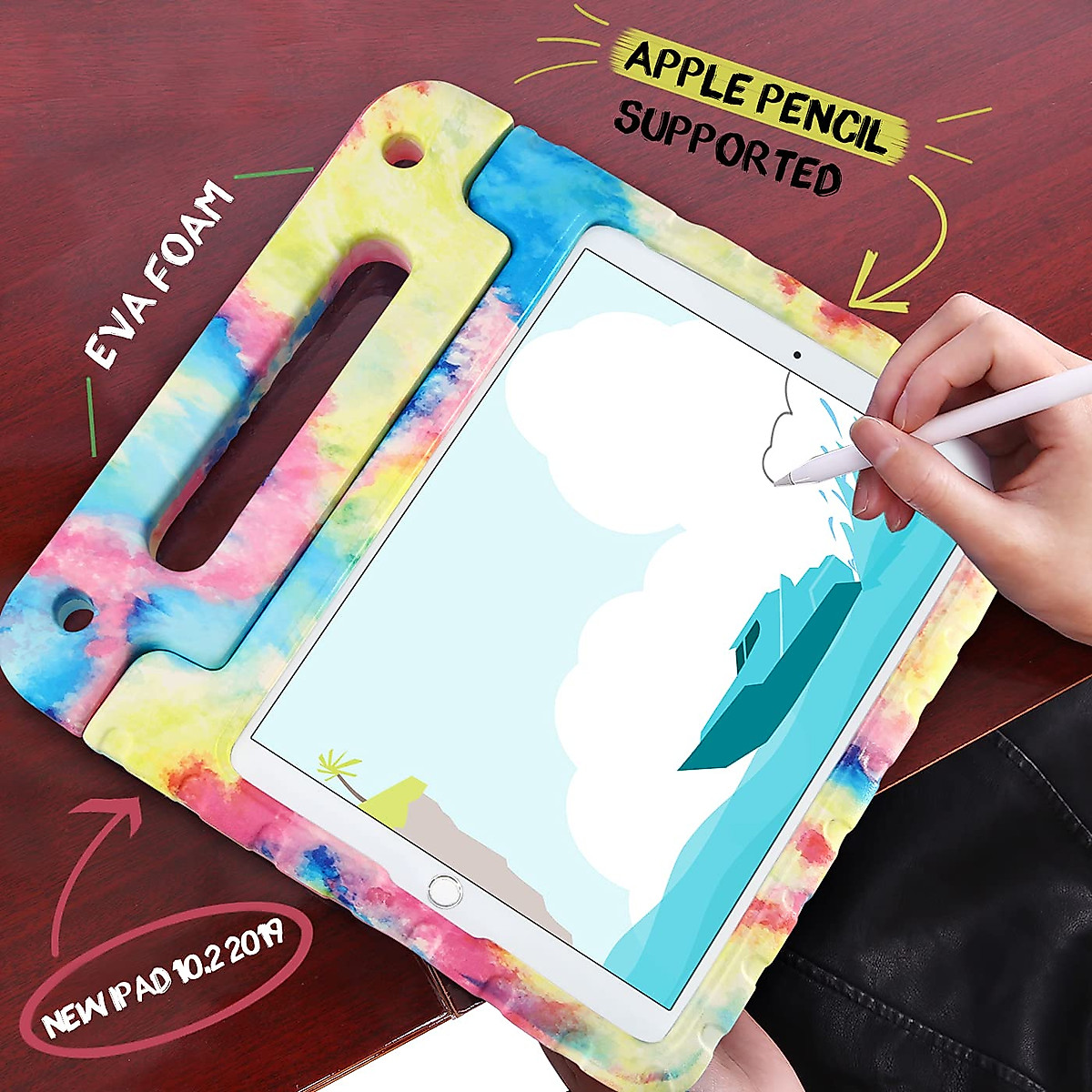 HDE iPad 9th Generation Case for Kids Shockproof iPad Cover 10.2 inch with Handle Stand fits 2021 9th Gen, 2020 8th Gen, 2019 7th Gen Apple iPad 10.2 - Tie Dye