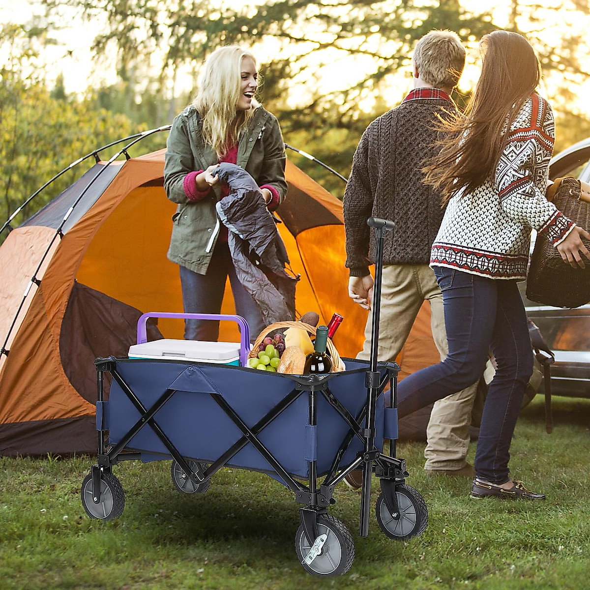 VINGLI Portable Collapsible Utility Wagon,Sturdy Outdoor Folding Garden Sports Shopping Cart, Wagon Wheel Cart, Steel Frame for Beach Park Camping Patio Compact Wheels, Blue