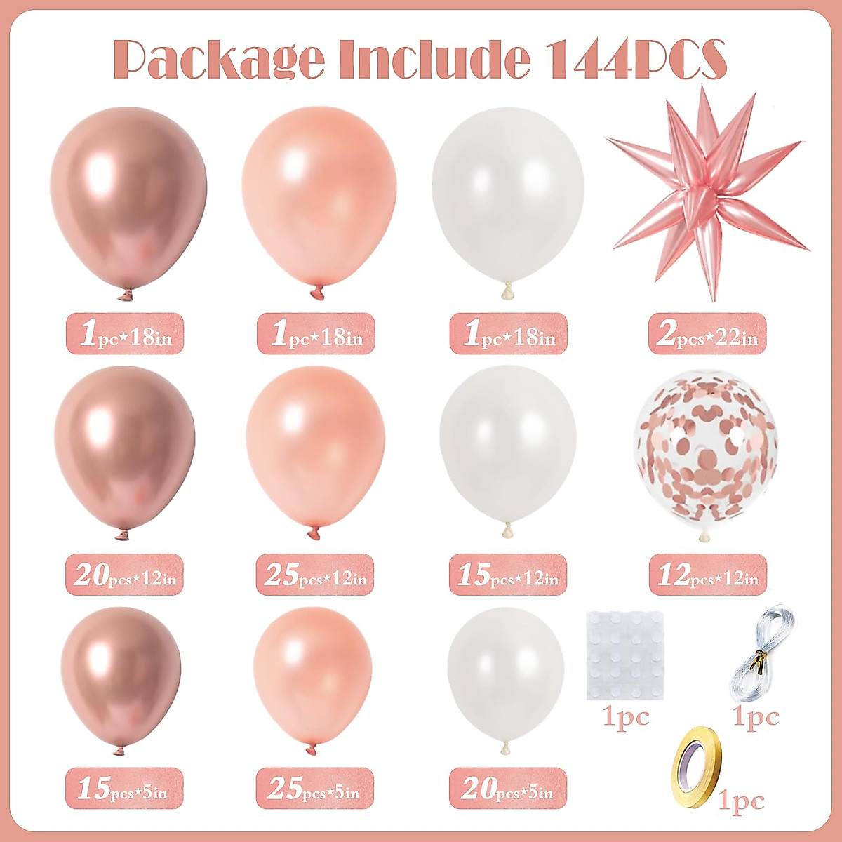 Rose Gold Balloons Arch Kit,144pcs Metallic Rose Gold Confetti Balloon Garland for Women Rose Gold Birthday Party Decorations Bridal Shower Baby Shower Bachelorette Party Decorations