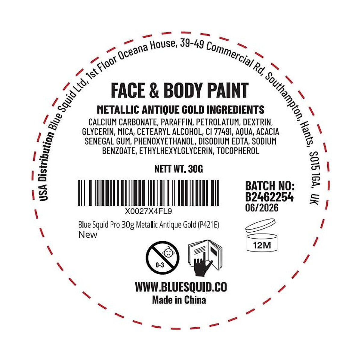 Blue Squid PRO Face Paint - Professional Water Based Single Cake Facepaint & Body Paints - SFX Makeup, Kids Adults Face Painting for Costume, Halloween, Cosplay - Metallic Antique Gold 30g / 1oz