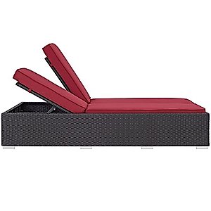 Modway Convene Wicker Rattan Outdoor Patio Upholstered Double Chaise Chair in Espresso Red