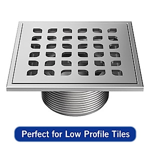 Bernkot Square Shower Drain, 4" Brushed 304 Stainless Steel Drain Grate Removable Drain Key with PVC Bonding Flange Base for Low Profile Shower Floor Tiles, CUPC Certified