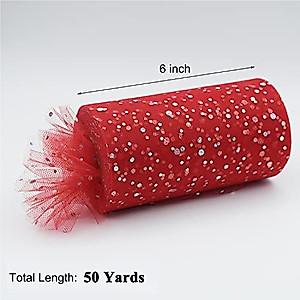 Red Tulle Glitter Tulle Fabric 6 Inch by 50 Yards (150 feet) Tulle Ribbon for Gift Wrapping Sparkle Sequin Tulle Rolls Spool DIY Party Wedding Birthday Decor