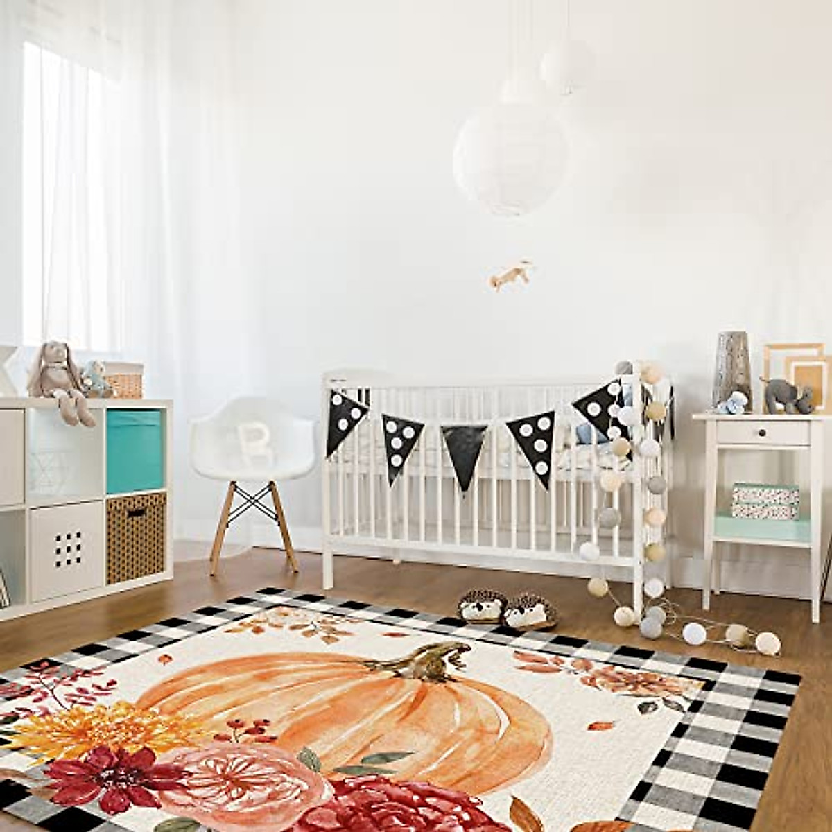 2'x3' Fall Thanksgiving Area Rug,Outdoor Indoor Washable Carpet Area+Rug for Living Room,Boys/Girls Bedroom,Bathroom,Classroom,Kitchen,Hallway,Throw Floor Mat Autumn Pumpkin Flower Leaves Plaid Check