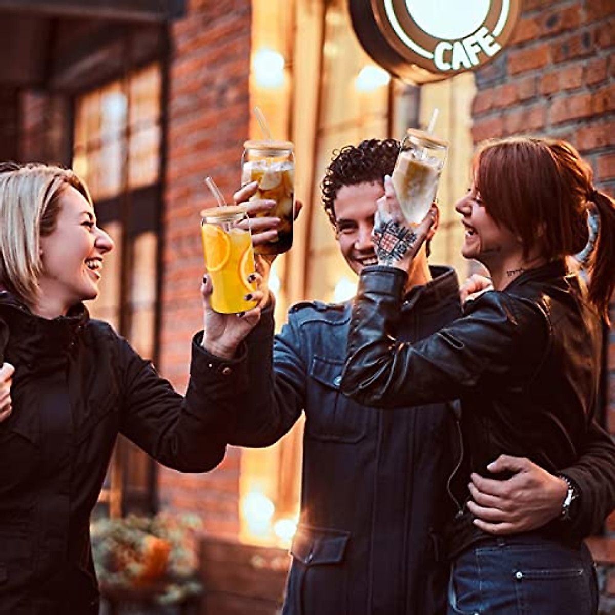 Porkus Glass Cups with Bamboo Lids and Straws 4pcs Set-18oz,Cute Glass Iced Coffee Cups for Coffee Bar Accessories-Cups with Lids and Straw Set