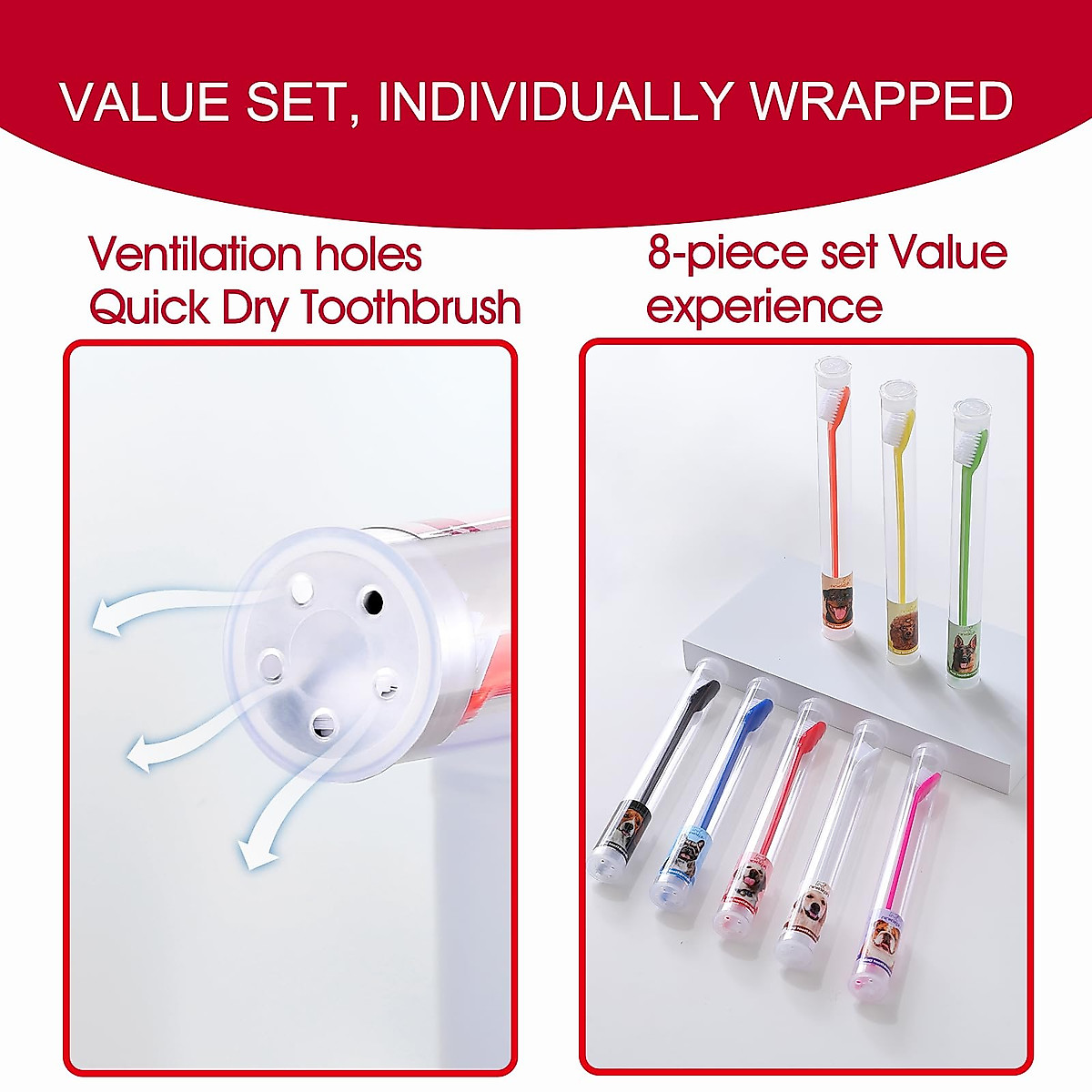 Ninieleph VibrantPet Toothbrush Set - 8-Pack with Dual-Head Design, Transparent Tube Packaging for Convenient Storage and Travel | Enhance Pet Dental Care
