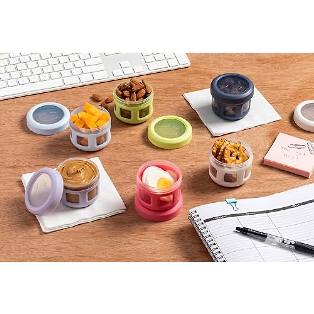 Ello Reusable Plastic Condiment Containers 4oz each with Screw-on Leak Proof Lid 6 Pack | Perfect for Salad Dressing Sauce Dips Lunchbox Picnic Travel Bento Box | BPA-Free | Dishwasher Safe | Sunny